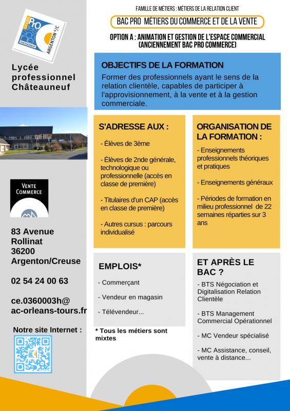 BAC PRO des Métiers du Commerce et de la Vente, Option A -Lycée Professionnel Châteauneuf